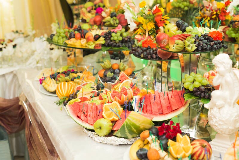 Different Fresh Fruits on Wedding Buffet Table Stock Photo - Image of ...