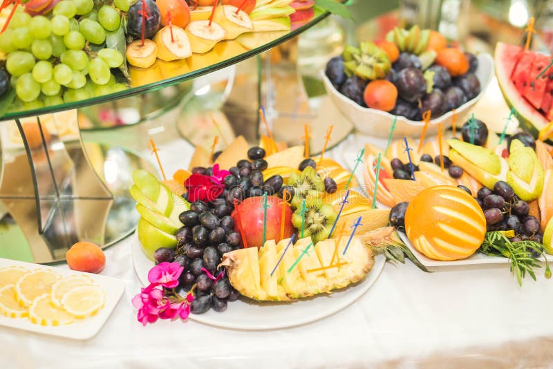 Different Fresh Fruits on Wedding Buffet Table Stock Photo - Image of ...