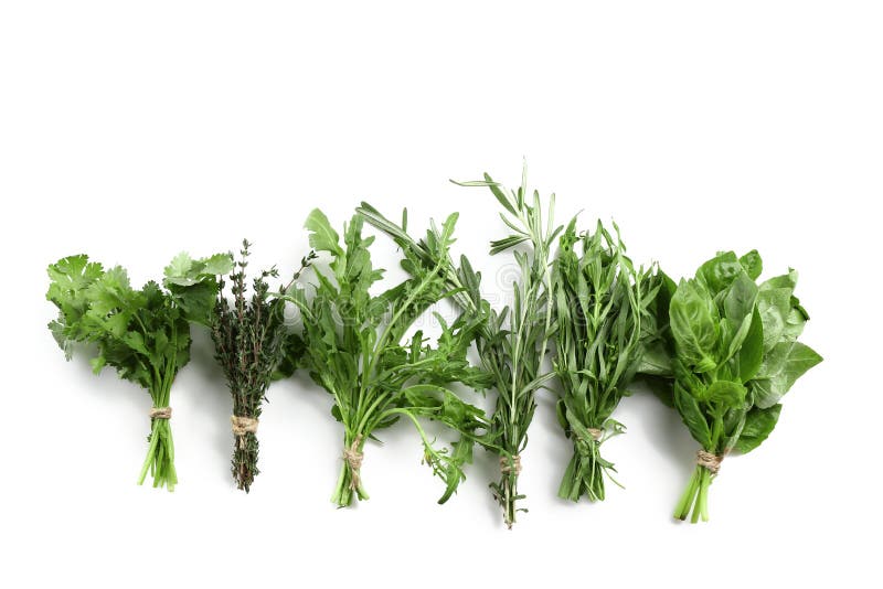 Different Fresh Herbs on White Background, Top View Stock Image - Image ...