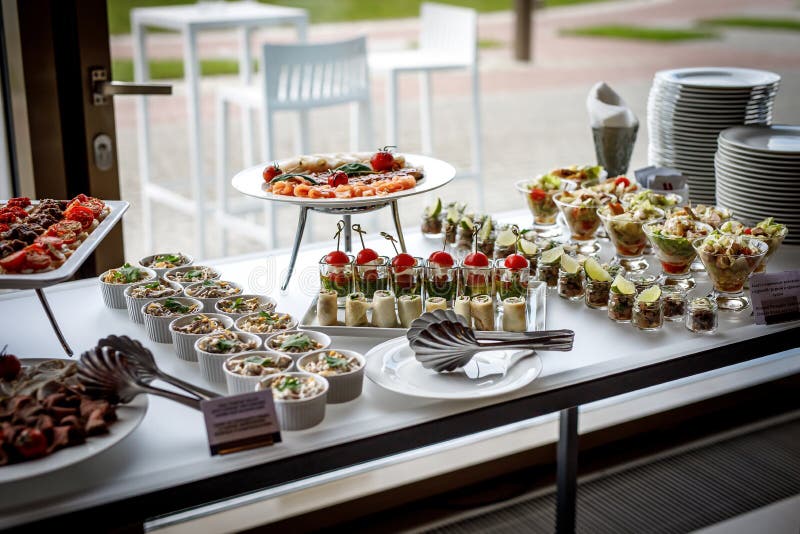 Snack Table Ready for the Event Stock Image - Image of waitress, table ...