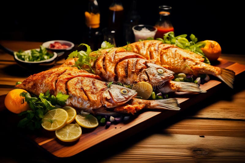 Different Fried Fish on the Board. Serving Food in a Restaurant Stock ...