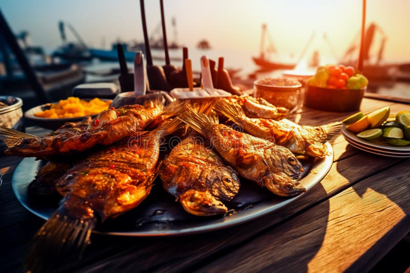 Different Fried Fish on the Board. Serving Food in a Restaurant Stock ...
