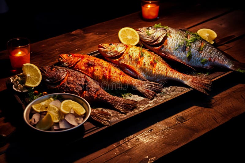 Different Fried Fish on the Board. Serving Food in a Restaurant Stock ...