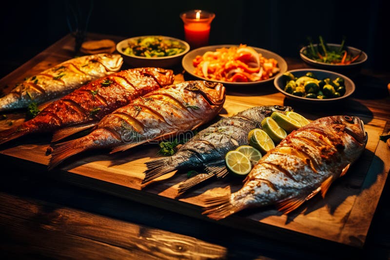 Different Fried Fish on the Board. Serving Food in a Restaurant Stock ...