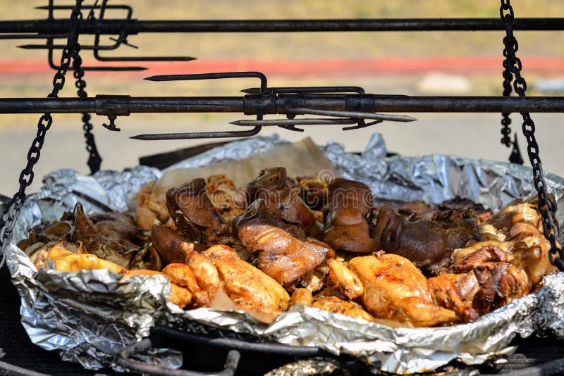 Different Fried and Grilled Meat on a Large Pan. Stock Image - Image of ...