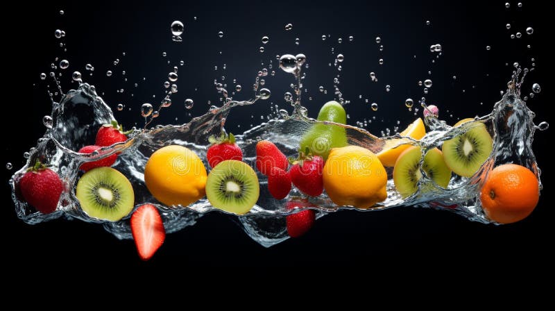 Different Fruit Drop in Water Generated by AI Tool. Stock Illustration ...