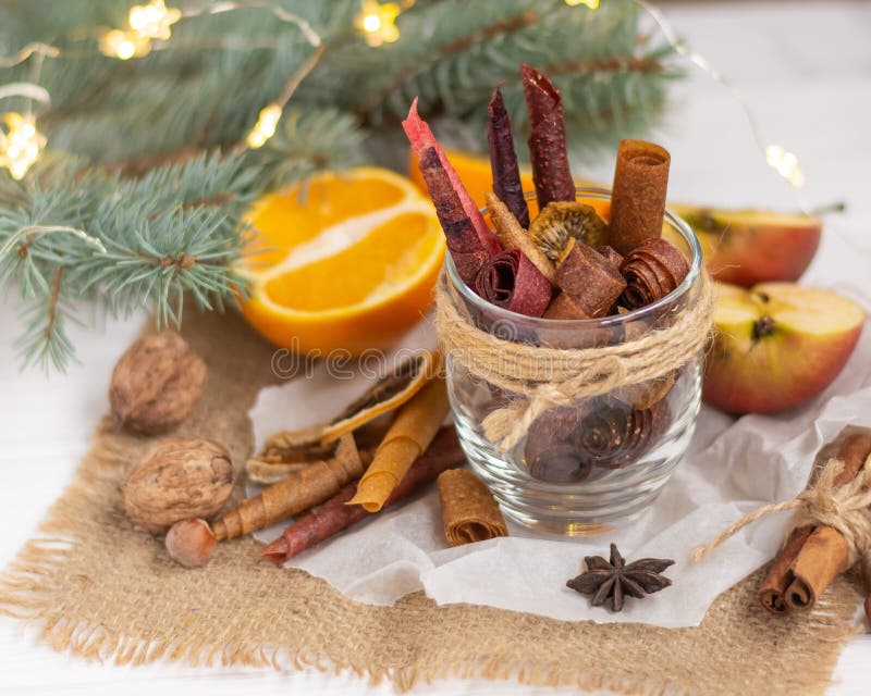 Different Fruit Leather in a Glass. Sprigs of Spruce, Garland, Oranges ...