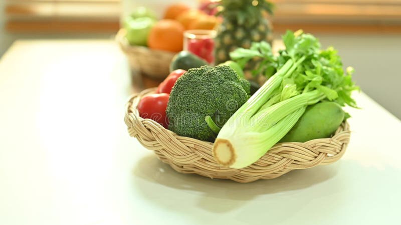 Different Fruit Vegetable on Table with Blender. Stock Footage - Video ...