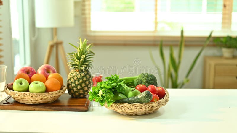 Different Fruit Vegetable on Table with Blender. Stock Video - Video of ...