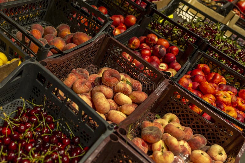 Different Fruits on the Counter in the Supermarket. Close-up Stock ...