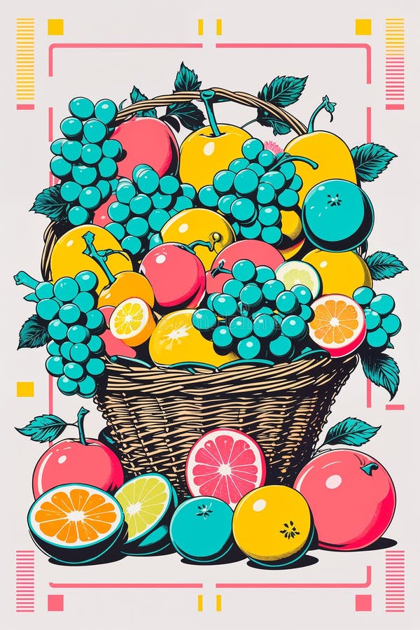 Different Fruits Drawn a Basket, Flat Design Illustration Stock ...
