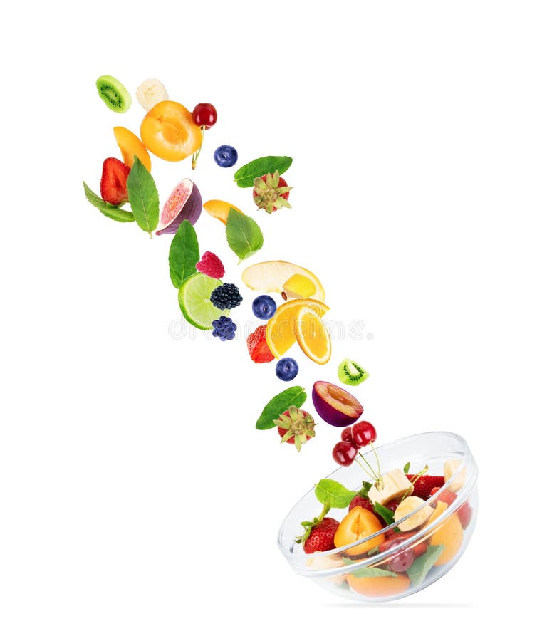 Different Fruits, in Flight Fly into a Plate with Fruit, on a White ...