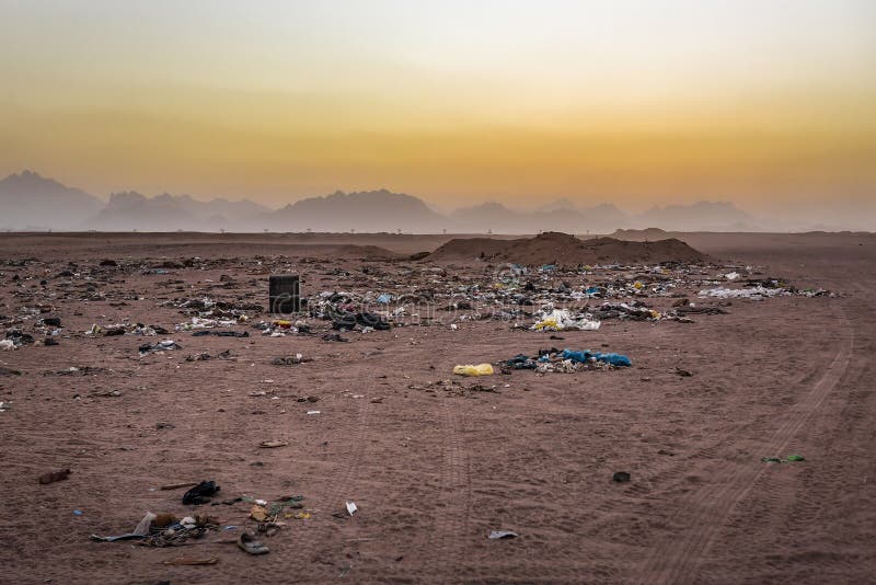 Different Garbage in Desert at Sunset Stock Image - Image of industrial ...