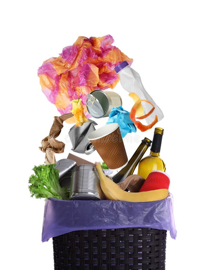 Garbage Falling into Trash Bin. Waste Management and Recycling Stock ...