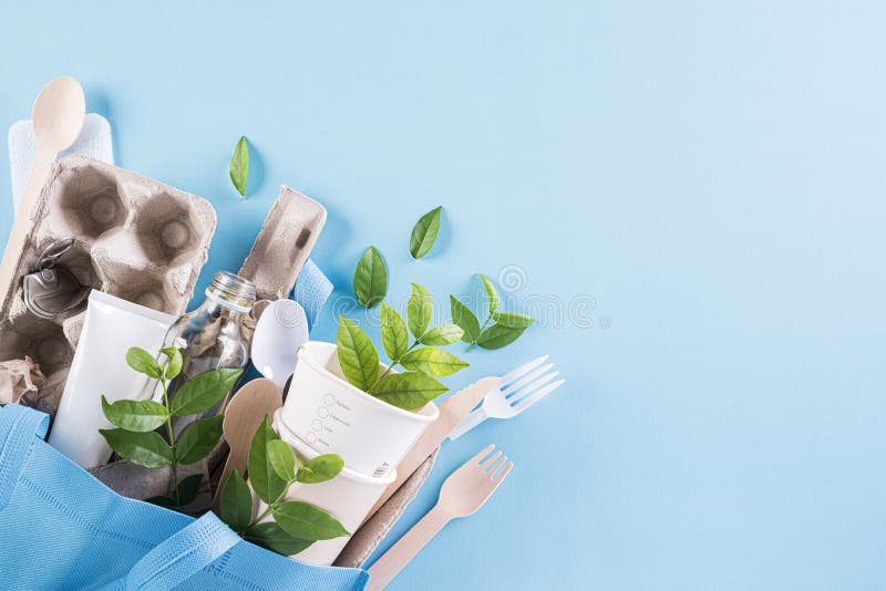 Different Garbage Materials On Blue Background. Recycle, World ...