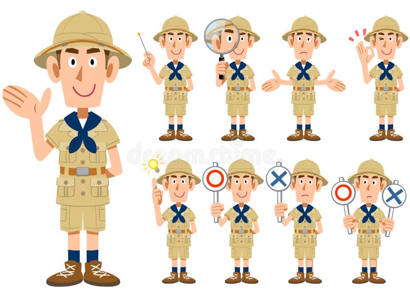 9 Different Gestures and Facial Expressions of Men in Explorer Clothes ...