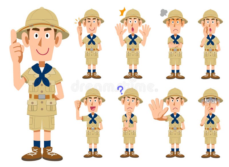 9 Different Gestures and Facial Expressions of Men in Explorer Clothes ...