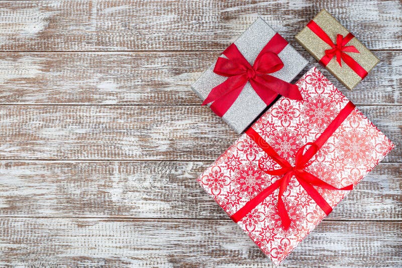Different Gift Boxes on Table, Preparing for Christmas, Horizontal, Top ...