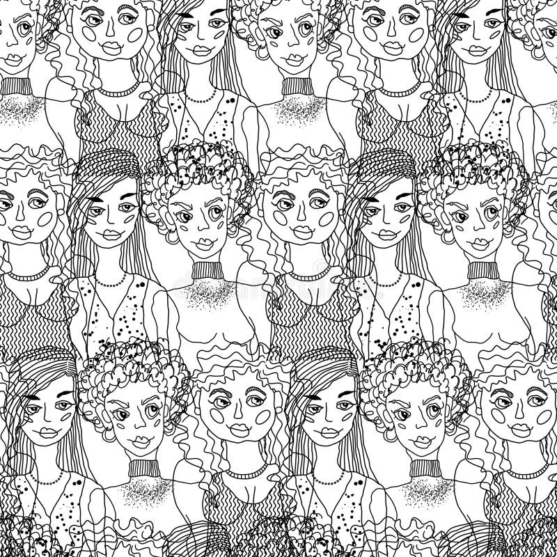 Different Girls. Black and White Hand Drawn Line Art Stock Illustration ...