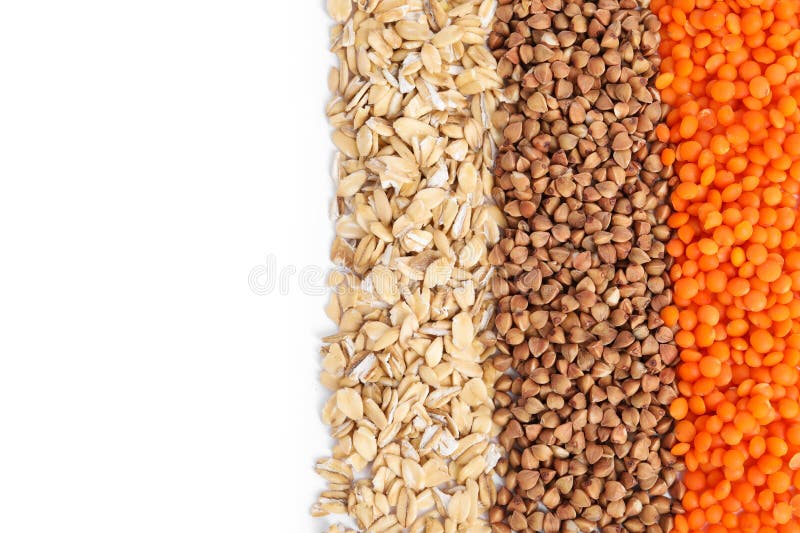Different Grains and Cereals Isolated on White, Top View Stock Photo ...