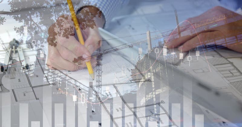 Different Graphs, Hands Drawing and Holding a Tablet, and a Building in ...