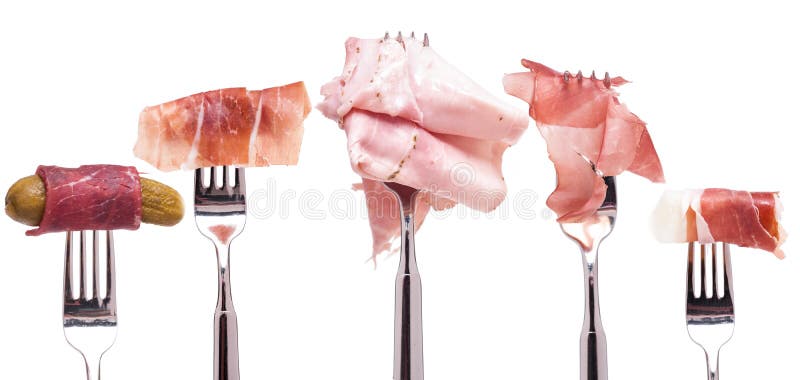 Different ham on fork stock photo. Image of parma, fleisch - 174938882