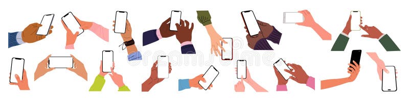 Different Hands Holding Mobile Phones Vector Set. Stock Illustration ...