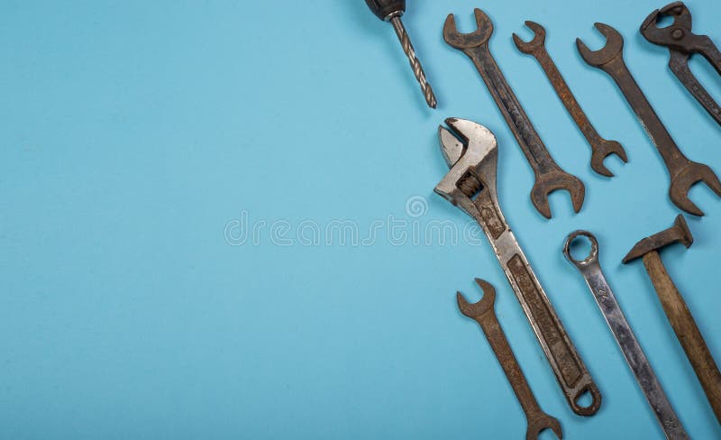 Different Hardware Tools on Blue Banner Template with Copy Space Stock ...