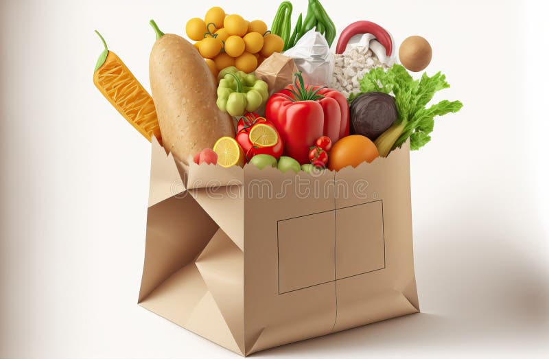 Different Healthy Foods in a Paper Bag, Isolated on a White Backdrop ...