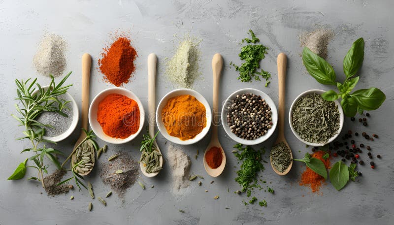 Different Herbs and Spices with Spoons on Grey Table, Flat Lay Stock ...