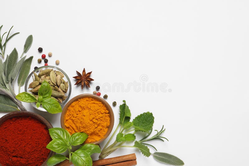 Different Herbs and Spices on White Background, Top View Stock Image ...