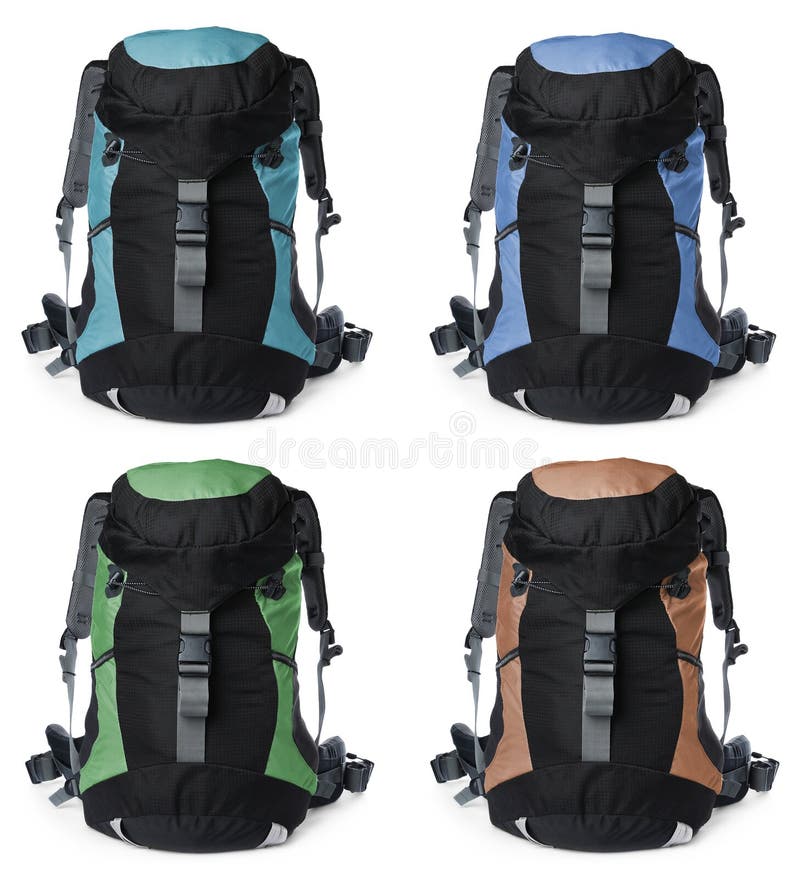 Different Hiking Backpacks on White Background, Collage Stock Image ...