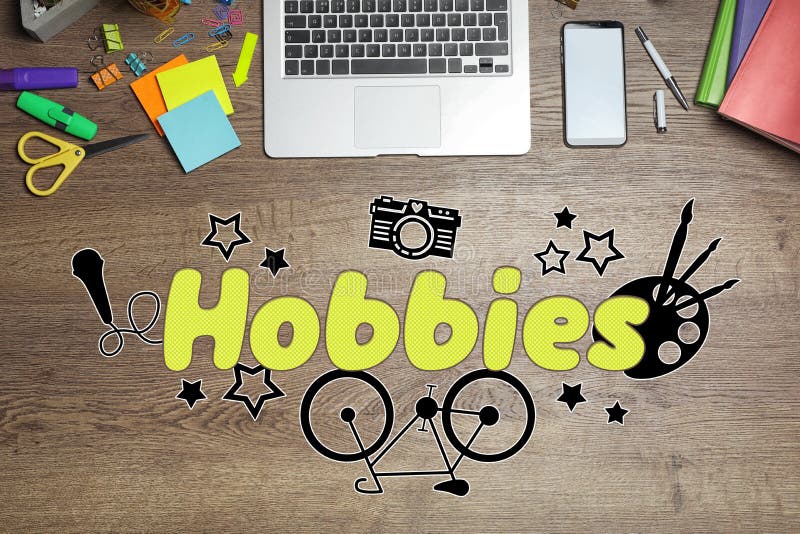 Different Hobbies. Flat Lay Composition with Laptop and Stationery on ...