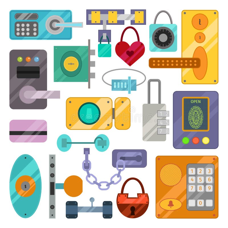 Different House Door Lock Icons Set Vector. Stock Vector - Illustration ...