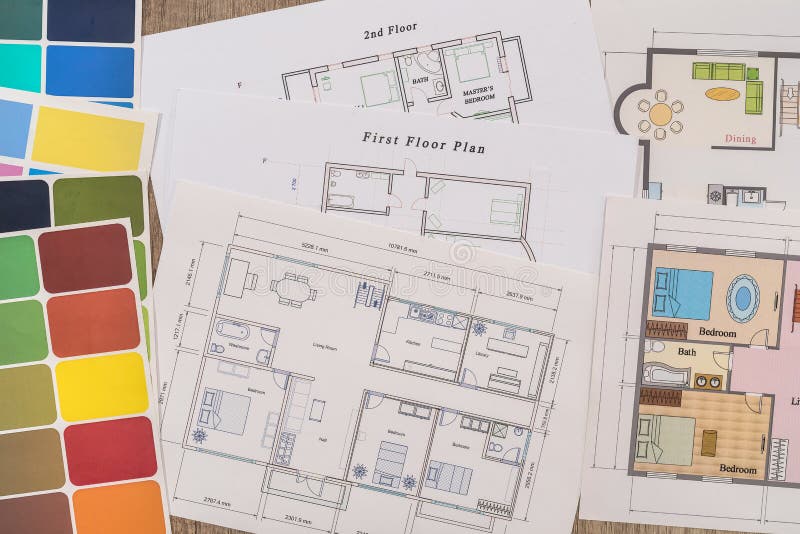 Different House Plans with Colour Palette on Table Stock Photo - Image ...