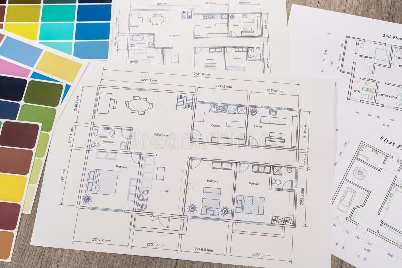 Different House Plans with Colour Palette on Table Stock Photo - Image ...