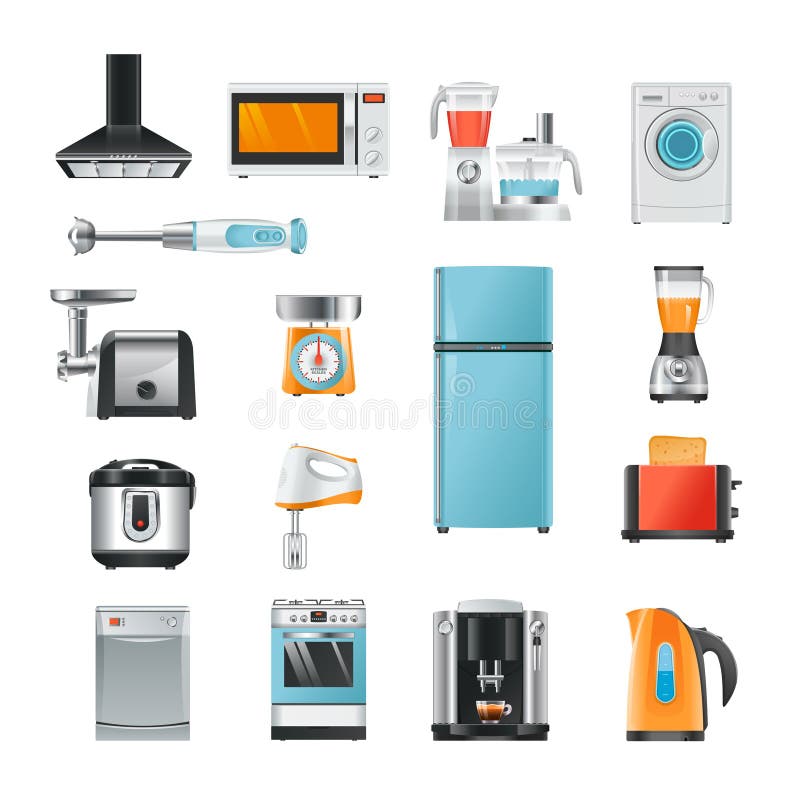Different Household in Cartoon Style. Electrical Equipment for Kitchen ...