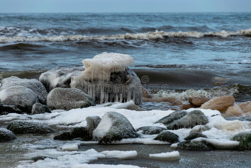 Different Ice Formations on Rocks on the Seashore, Ice Texture, Wind ...