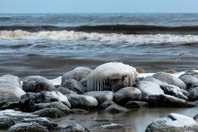 Different Ice Formations on Rocks on the Seashore, Ice Texture, Wind ...