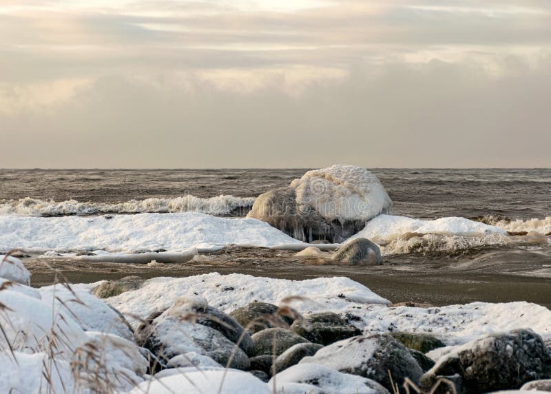 Different Ice Formations on Rocks on the Seashore, Ice Texture, Wind ...