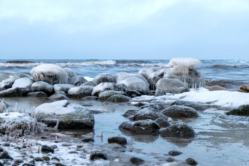 Different Ice Formations on Rocks on the Seashore, Ice Texture, Wind ...