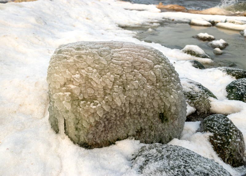 Different Ice Formations on Rocks on the Seashore, Ice Texture, Wind ...