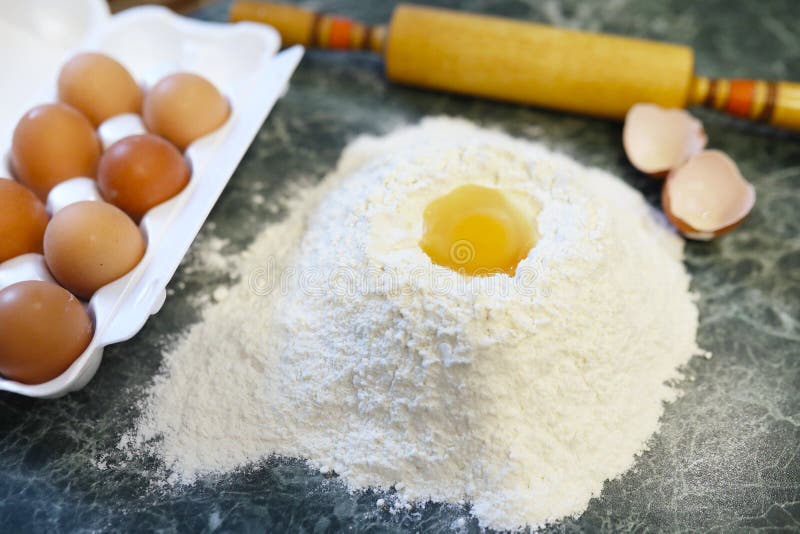 Different Ingredients for Preparing Flour Products on Kitchen Ta Stock ...