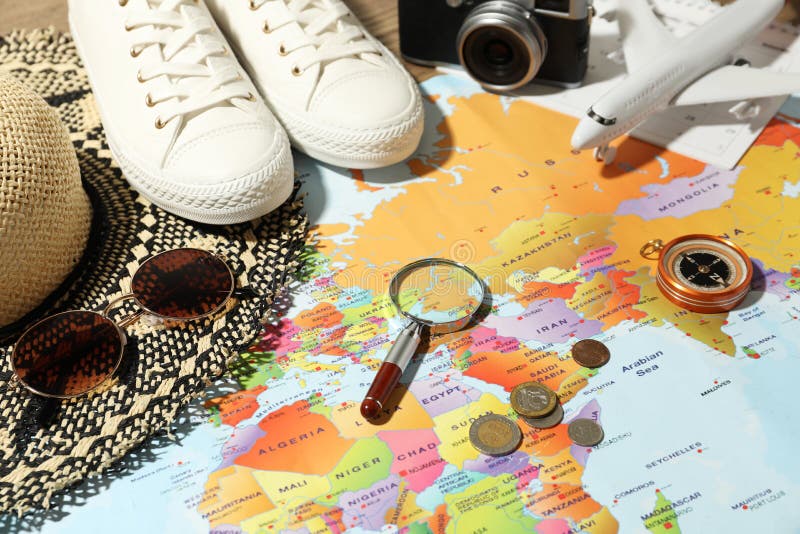 Items on World Map. Travel during Summer Vacation Stock Photo - Image ...
