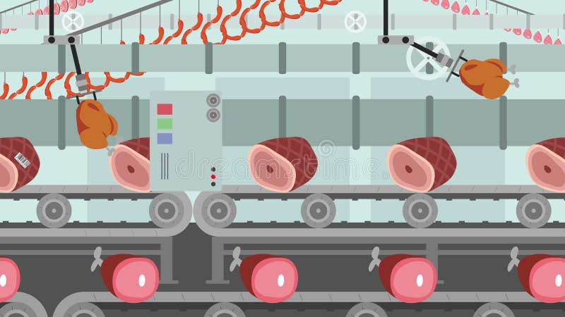 Different Kind of Meat on a Factory Conveyor Cartoon Style Stock ...