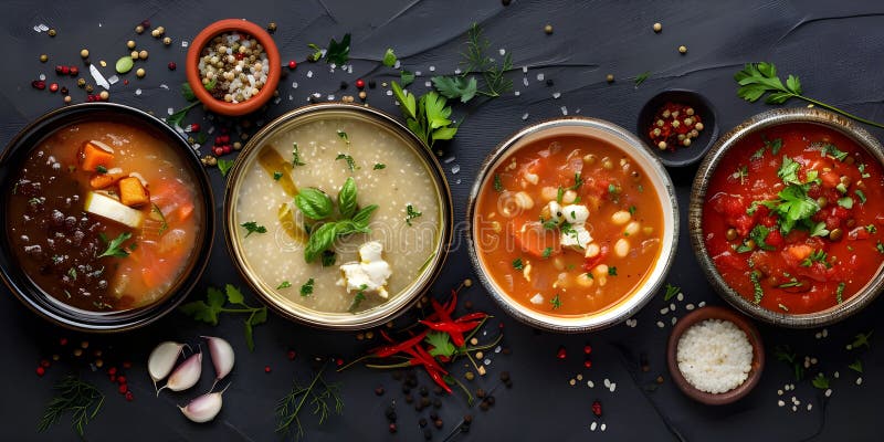Different Kind of Soups in a Different Bowls Top View - Ai Generated ...
