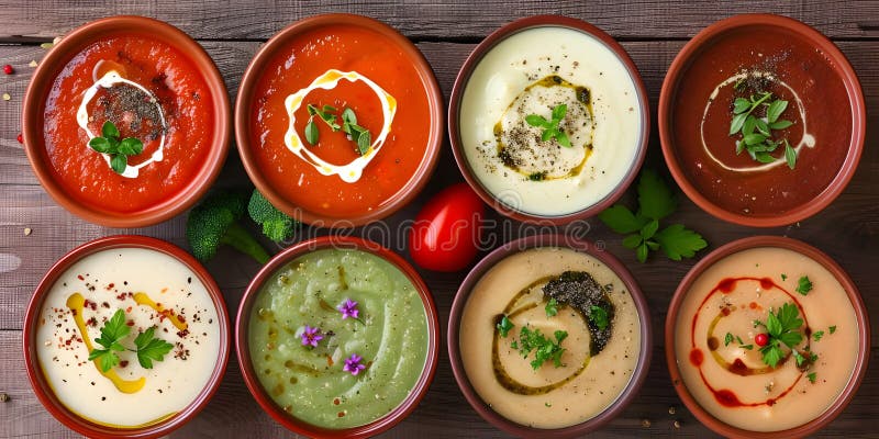 Different Kind of Soups in a Different Bowls Top View - Ai Generated ...