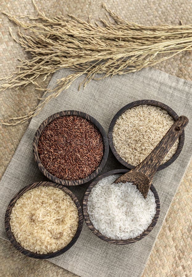Different Kinds of Asian Rice Variety Grains in Rustic Setting Display ...