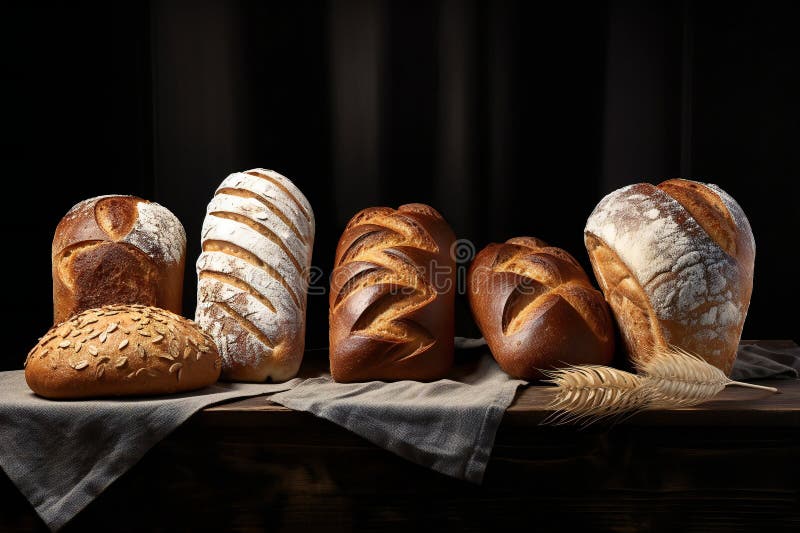 Different Kinds of Bread Rolls on Black Board Side View. Kitchen or ...