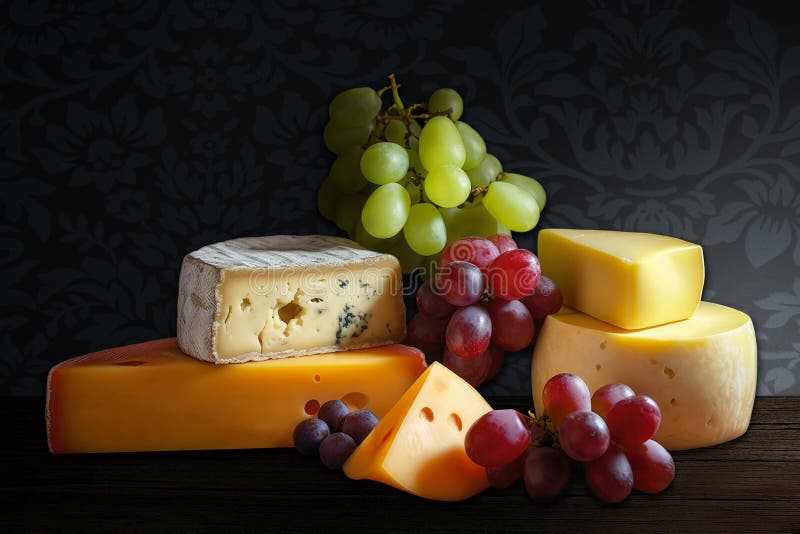 Different Types of Cheese As Pieces of Cheese Decorated with Grapes ...